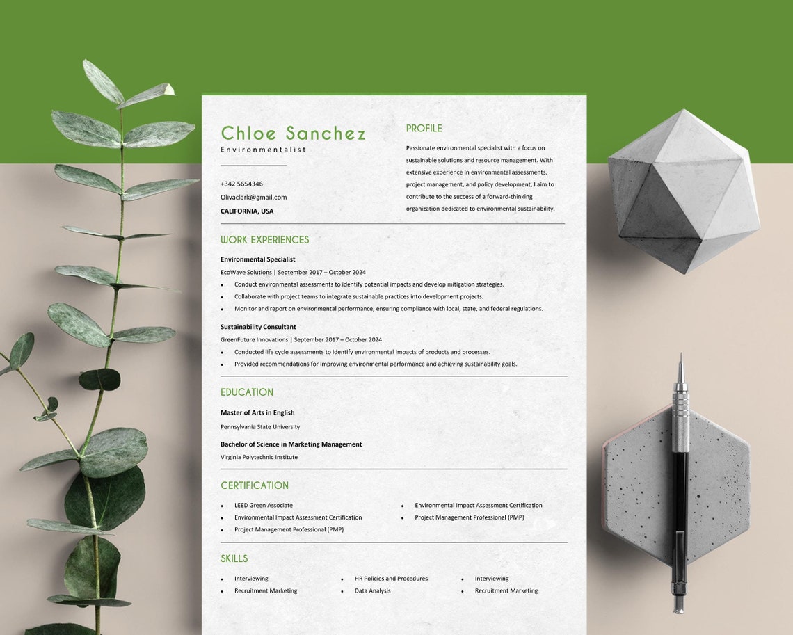 Environmentalist Resume Template: Green Job, Ecologist, Scientist (PDF ...