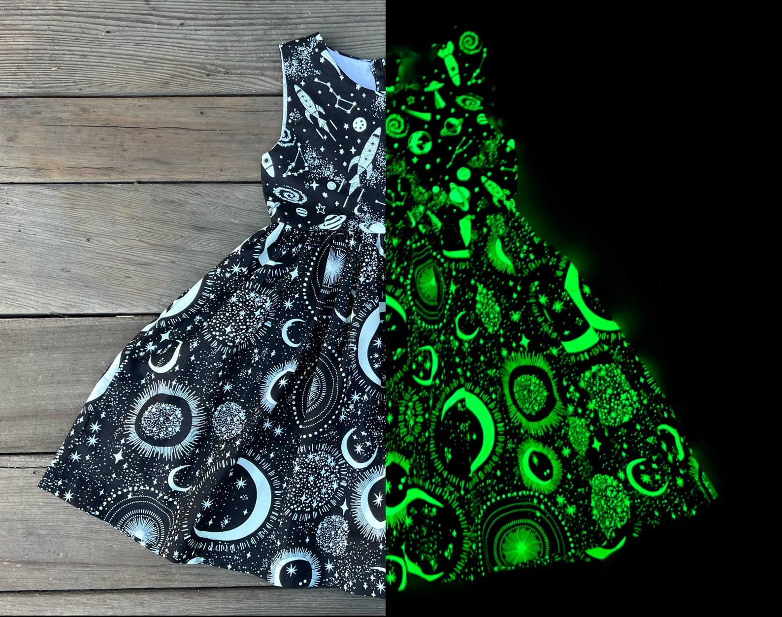 Glow in the Dark Cosmic Girls Dress: Handmade Cotton Space Print - Etsy