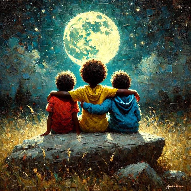 Friendship Art Print: Black Boys Under Pastel Moon - Etsy