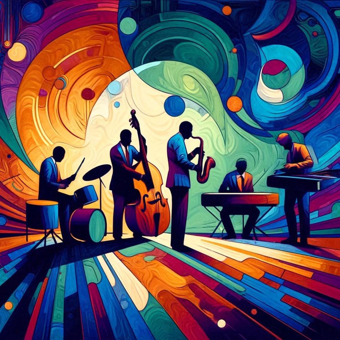 Jazz Rhythms Art: Downloadable Abstract of a Quartet in Blue, With ...