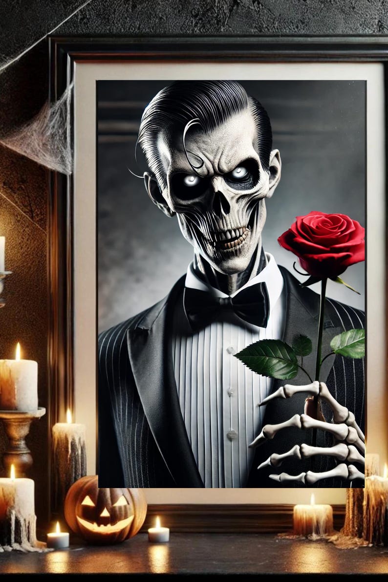 Dapper Skeleton Art: Halloween Tuxedo Print With Red Rose - Etsy