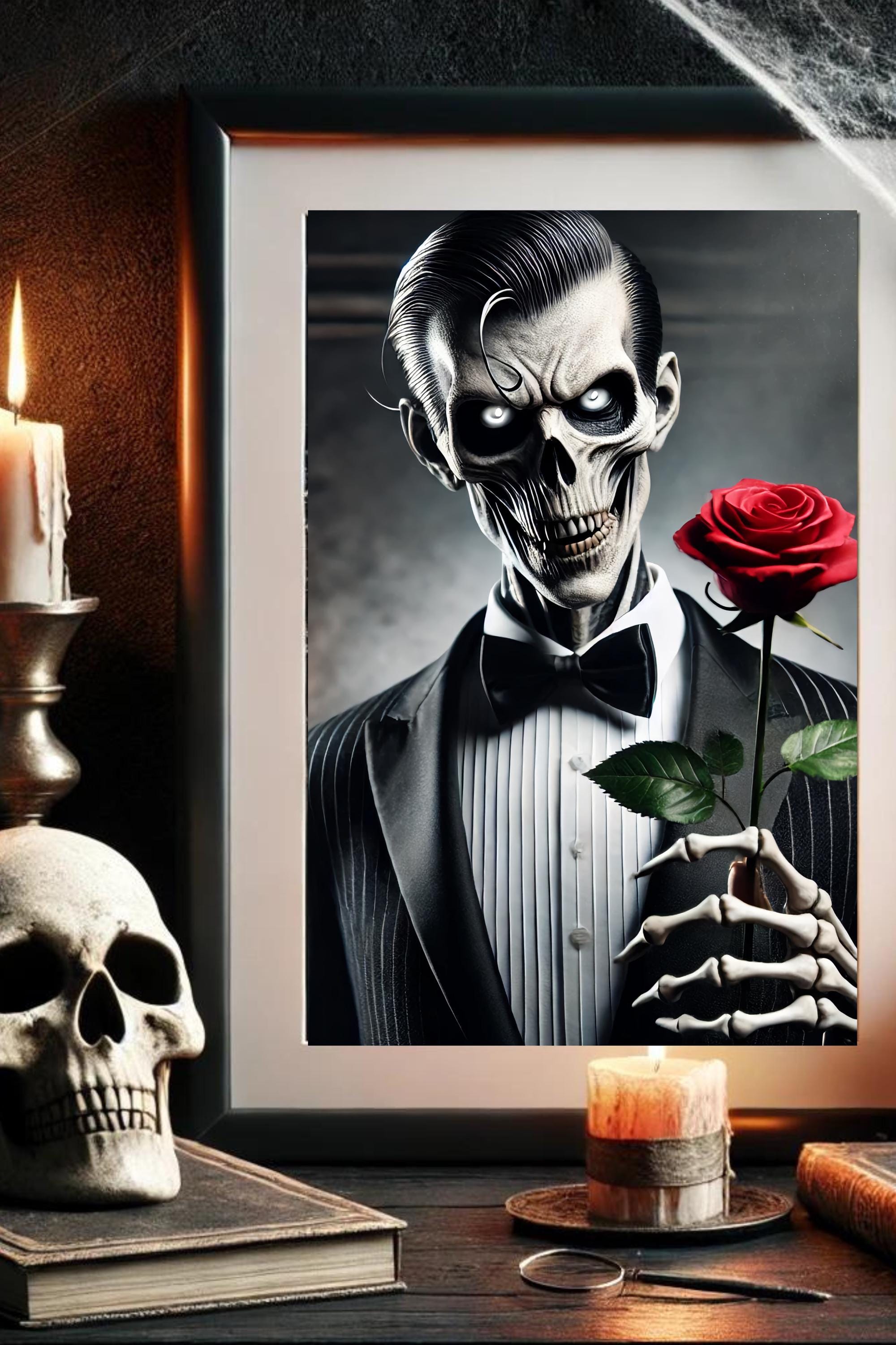 Dapper Skeleton Art: Halloween Tuxedo Print With Red Rose - Etsy