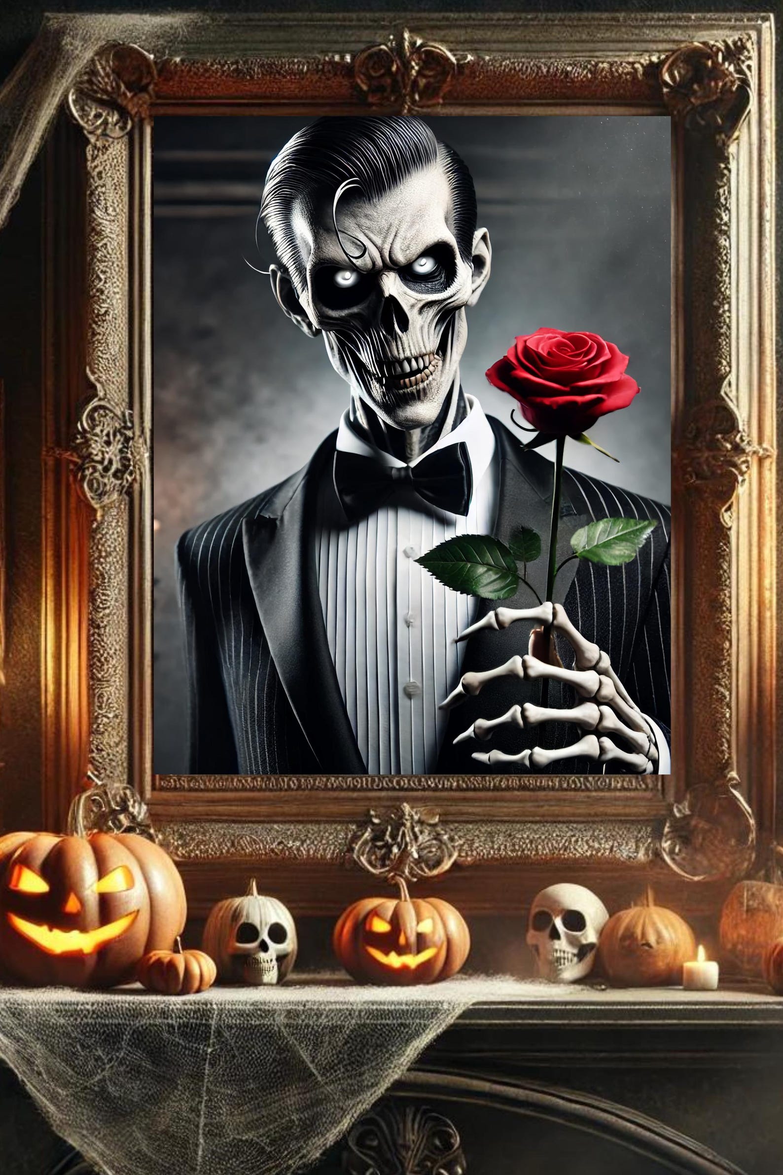 Dapper Skeleton Art: Halloween Tuxedo Print With Red Rose - Etsy