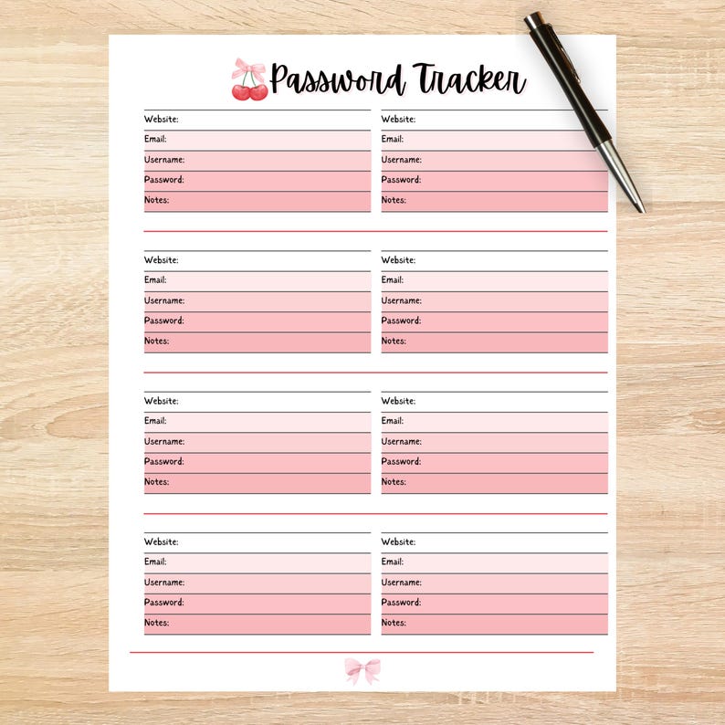 Password Tracker Printable Digital Planner Page Pink Coquette Aesthetic ...