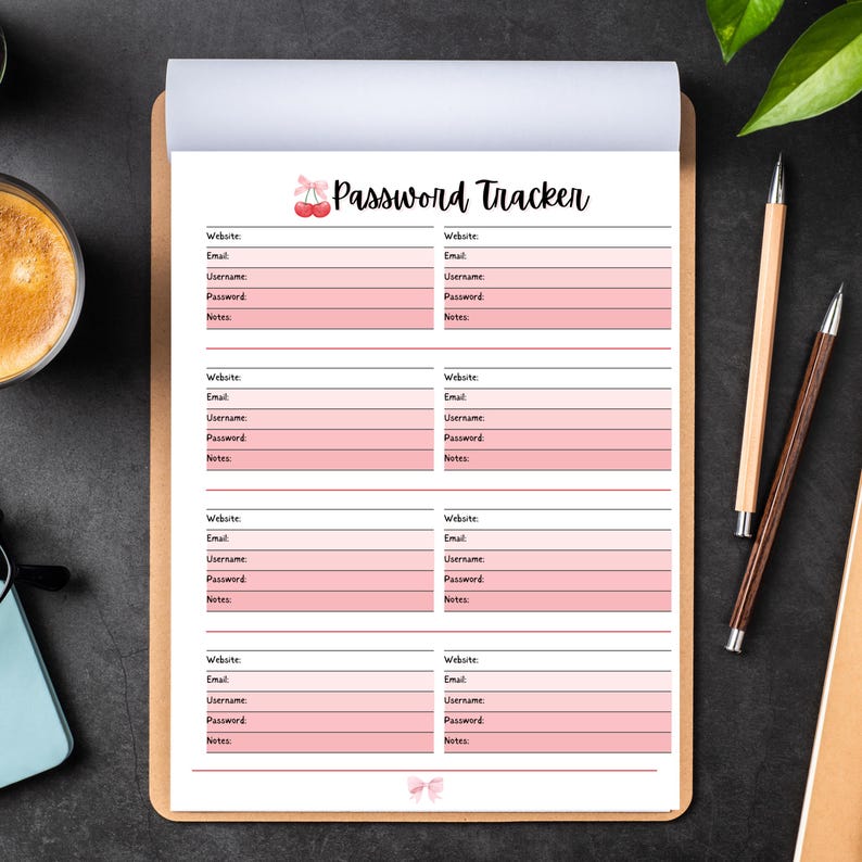 Password Tracker Printable Digital Planner Page Pink Coquette Aesthetic ...