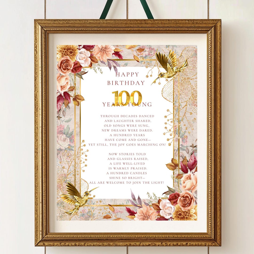 Beautiful 100th Birthday Poem, Birthday Poster, 100th Birthday Gift ...