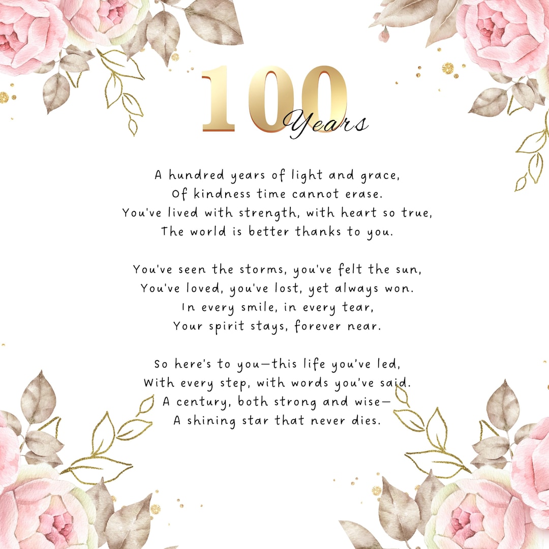 Beautiful 100th Birthday Poem, 100th Birthday Poster, 100th Birthday ...