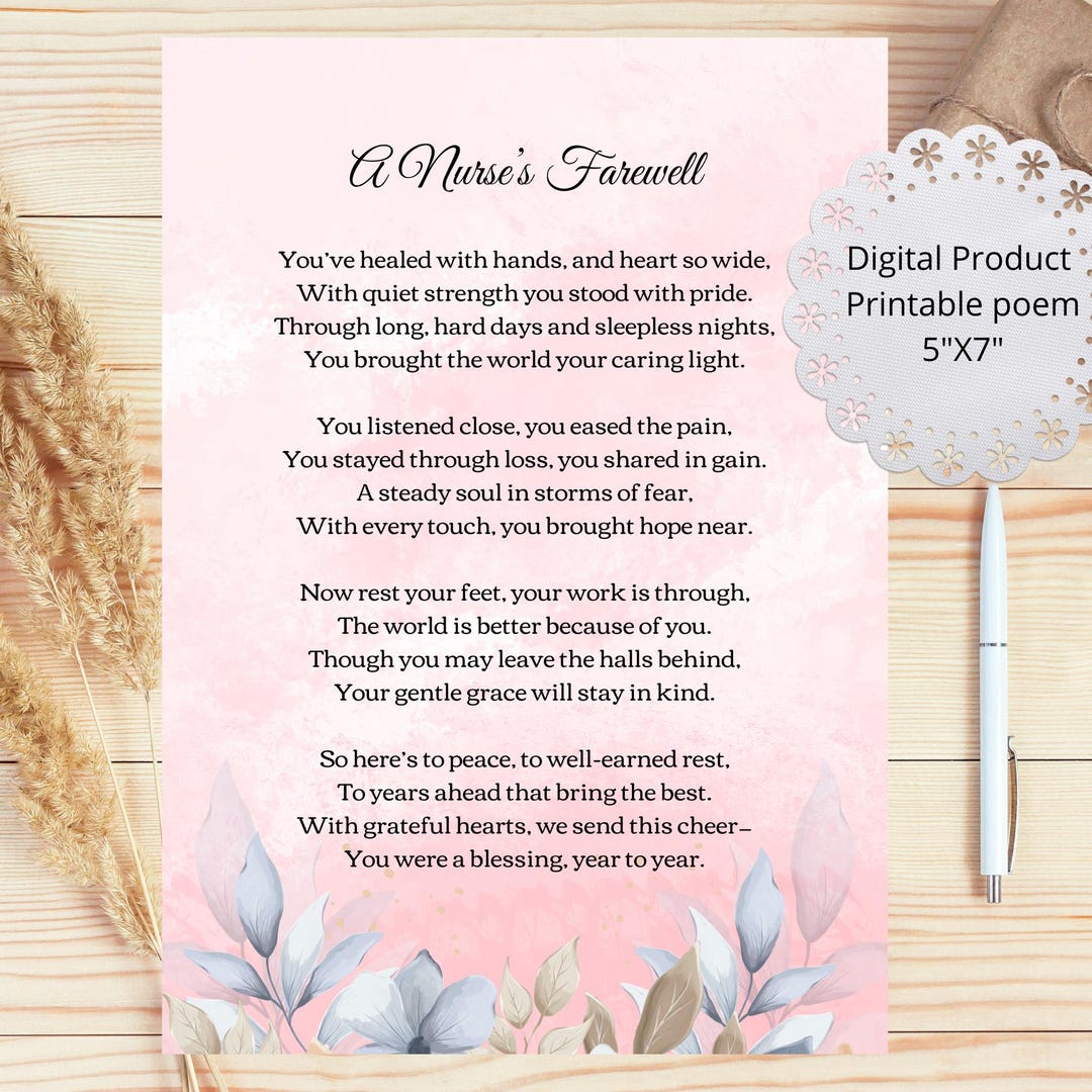 Nurse Retirement Poem, Nurse Farewell Card, Printable Coworker Gift ...