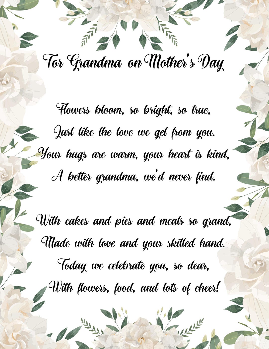 Beautiful Mother’s Day Poem for Grandma | Printable Wall Art | Floral ...
