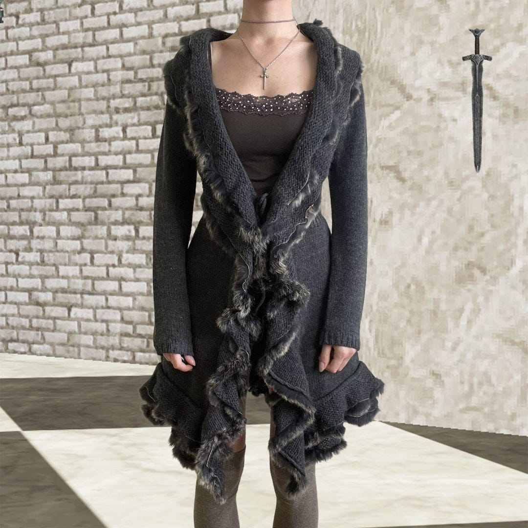 Grey Long Cinched Cardigan: Ruffled Genuine Fur Hem, Wool and Mohair ...
