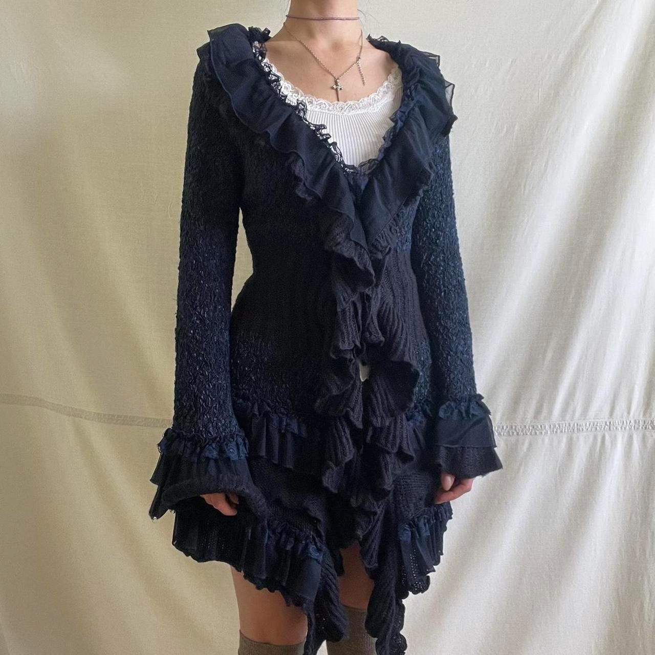 Navy Long Cinched Cardigan: Ruffle Hem, Flared Sleeves - Etsy