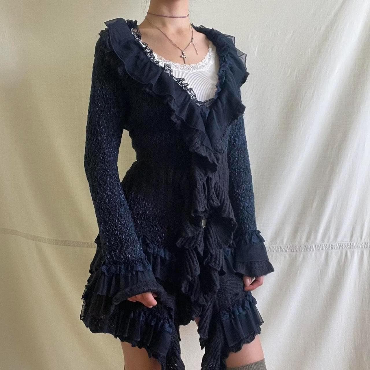 Navy Long Cinched Cardigan: Ruffle Hem, Flared Sleeves - Etsy