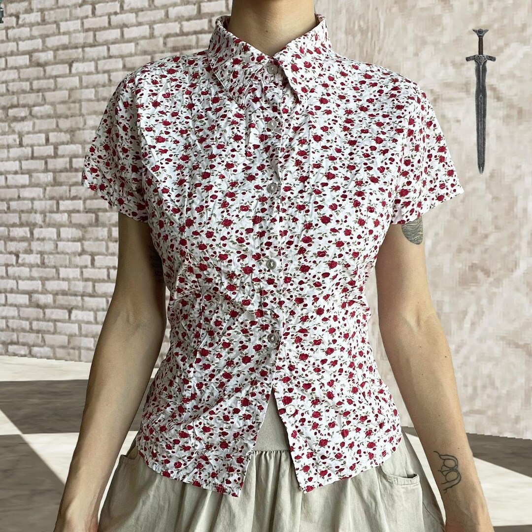 White & Red Floral Button up Blouse With Button Down High Neck and Rose ...