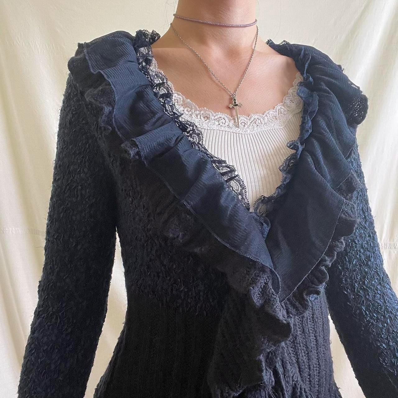 Navy Long Cinched Cardigan: Ruffle Hem, Flared Sleeves - Etsy
