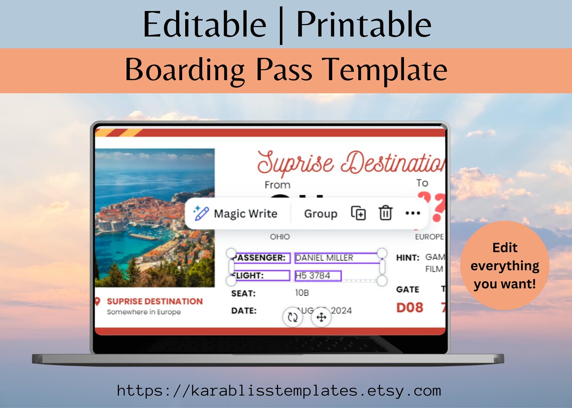 Boarding Pass Template Editable Boarding Pass Gift Birthday Invitation ...