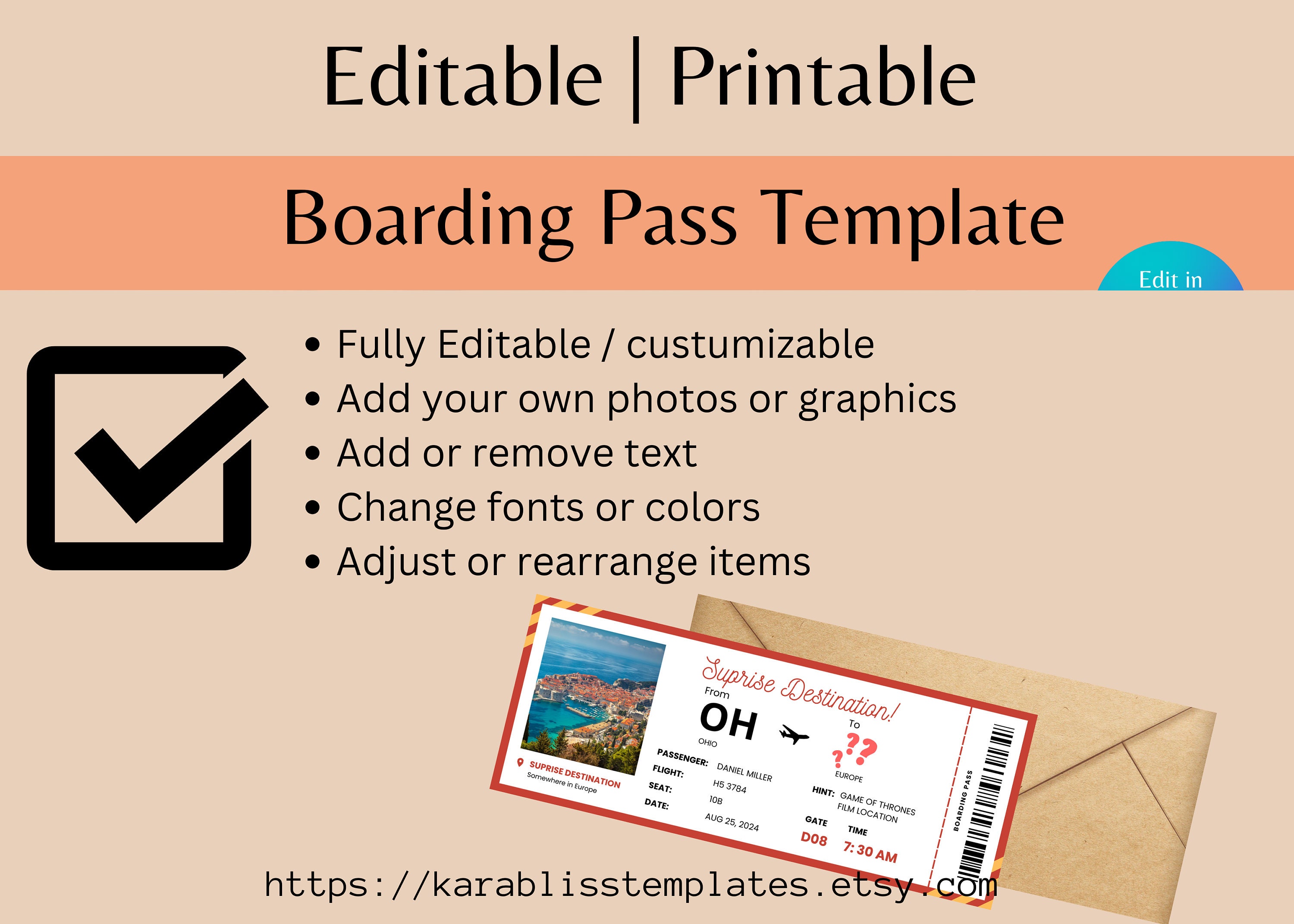 Boarding Pass Template Editable Boarding Pass Gift Birthday Invitation ...