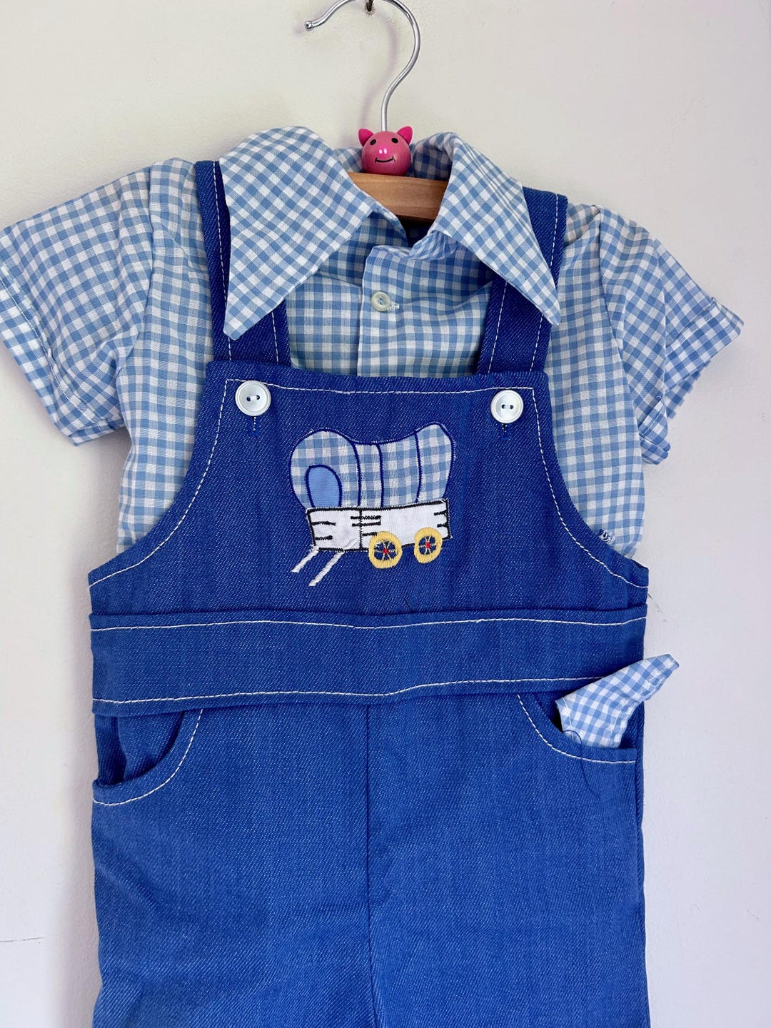 Vintage Baby Boy Overalls and Shirt 9 Months Covered Wagon Gingham ...
