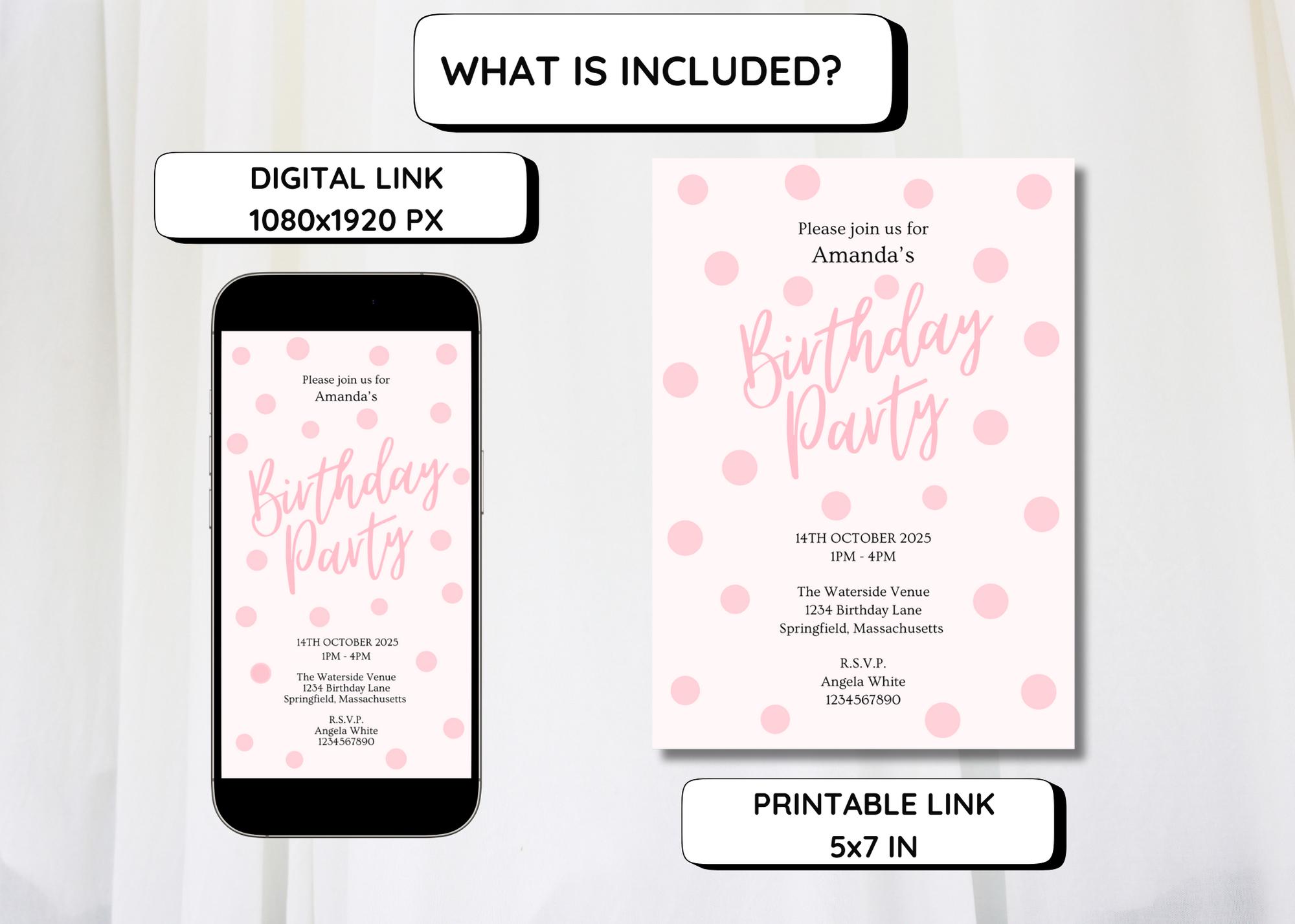 Pink Polka Dot Birthday Invitation Editable Birthday Template Pink ...