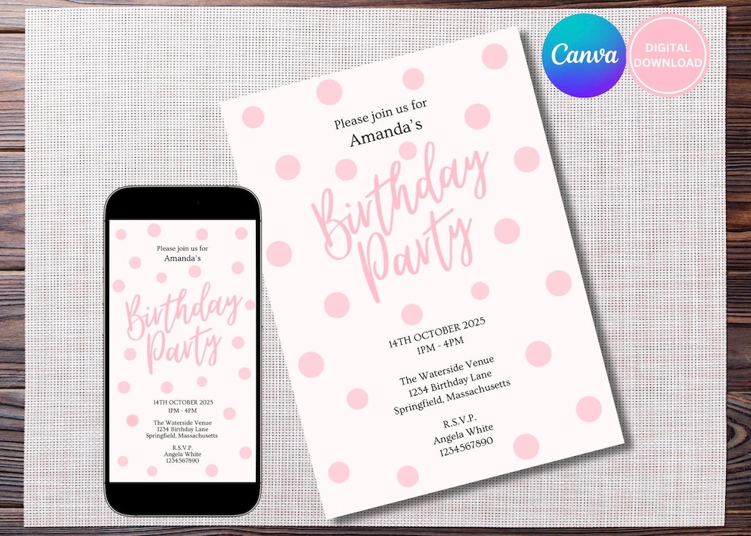 Pink Polka Dot Birthday Invitation Editable Birthday Template Pink ...