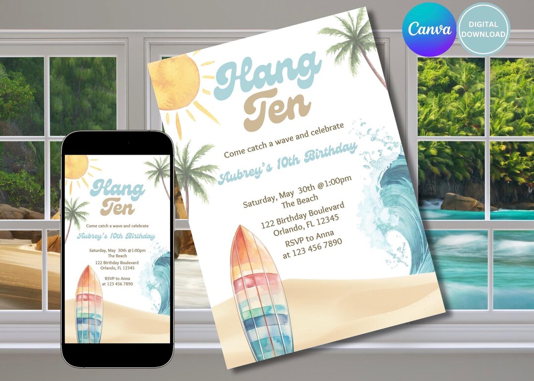 Beach Party Invitation, Editable Template, Surfing Party, Digital ...