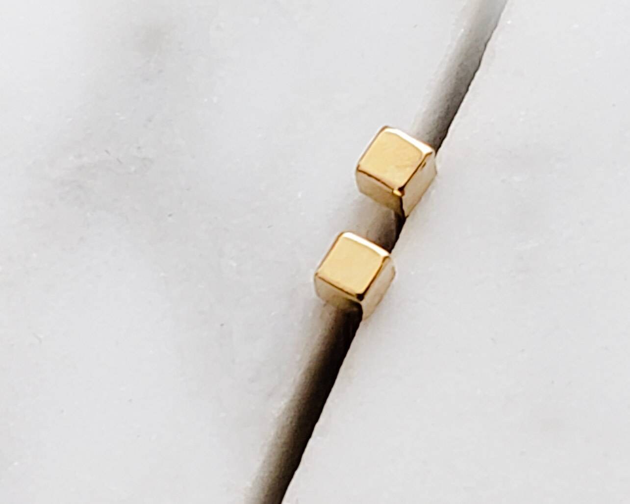 14K Gold Tiny Cube Studs Little Gold Studs Delicate Square | Etsy