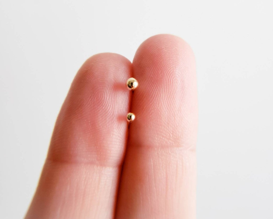 14K Gold Studs Tiny Ball Studs Delicate Stud Earrings | Etsy