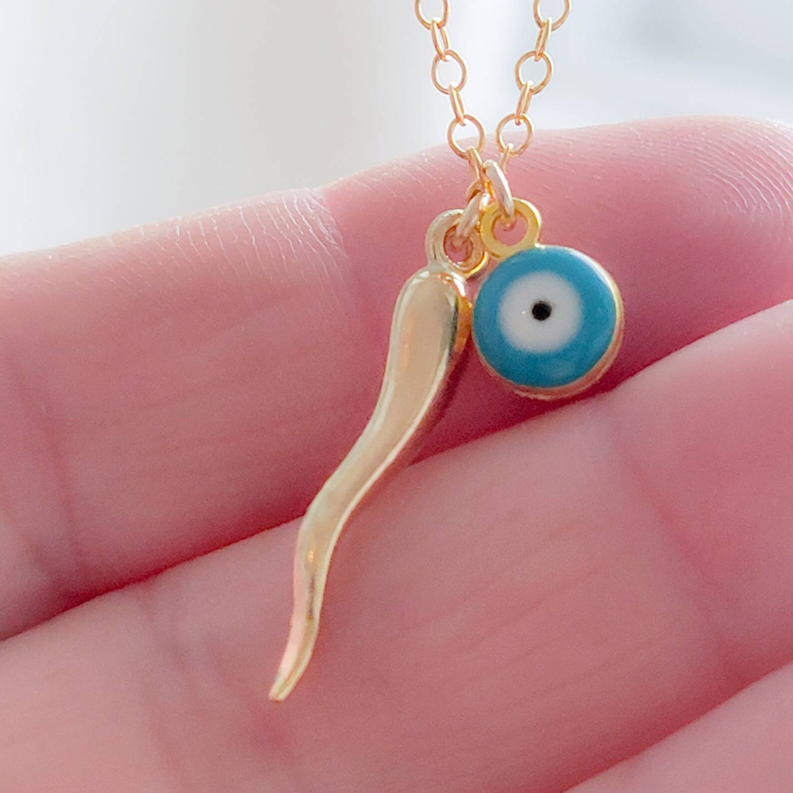 Italian Horn & Evil Eye Necklace Protection Amulets Dainty - Etsy
