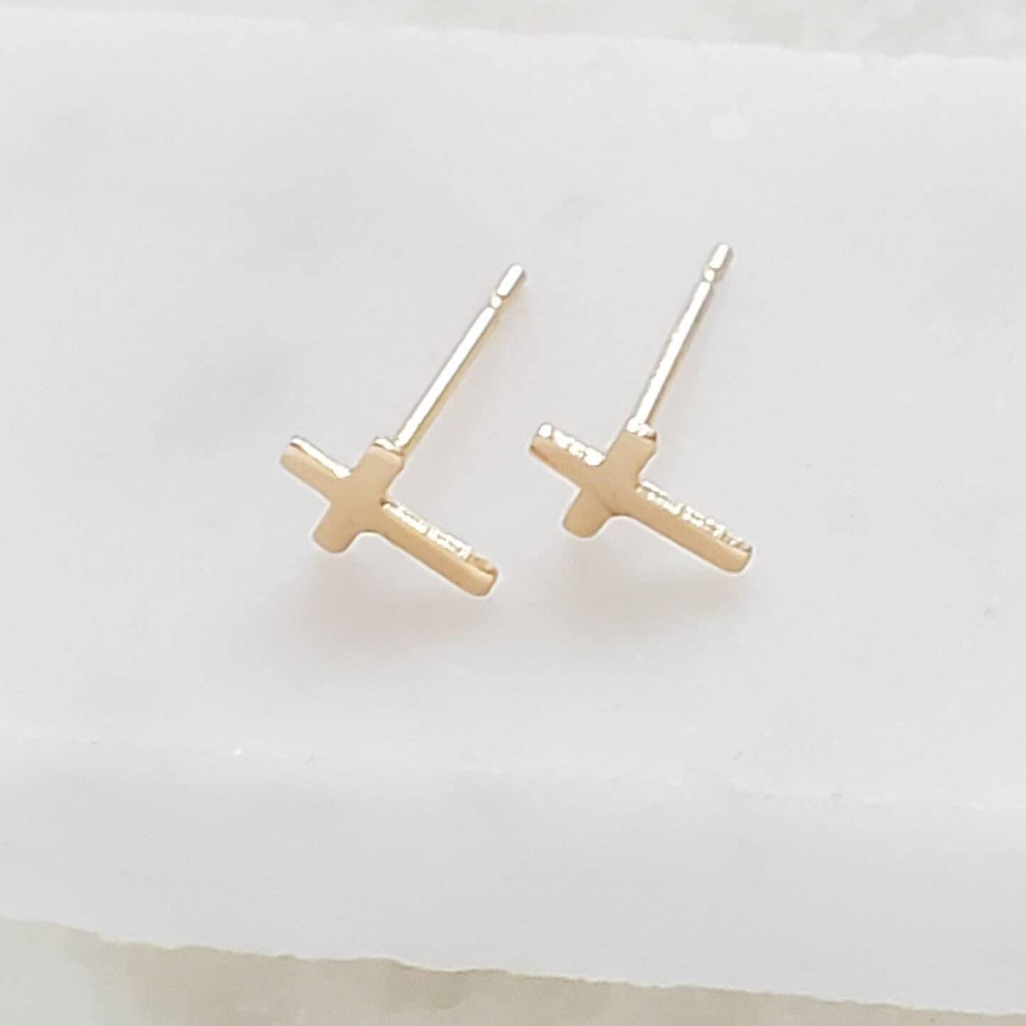 14k Gold Tiny Cross Earrings Gold Cross Studs Small Stud Earrings Baptism Gift Tiny 14 Karat Studs Gift For Her Religious Gift Etsy