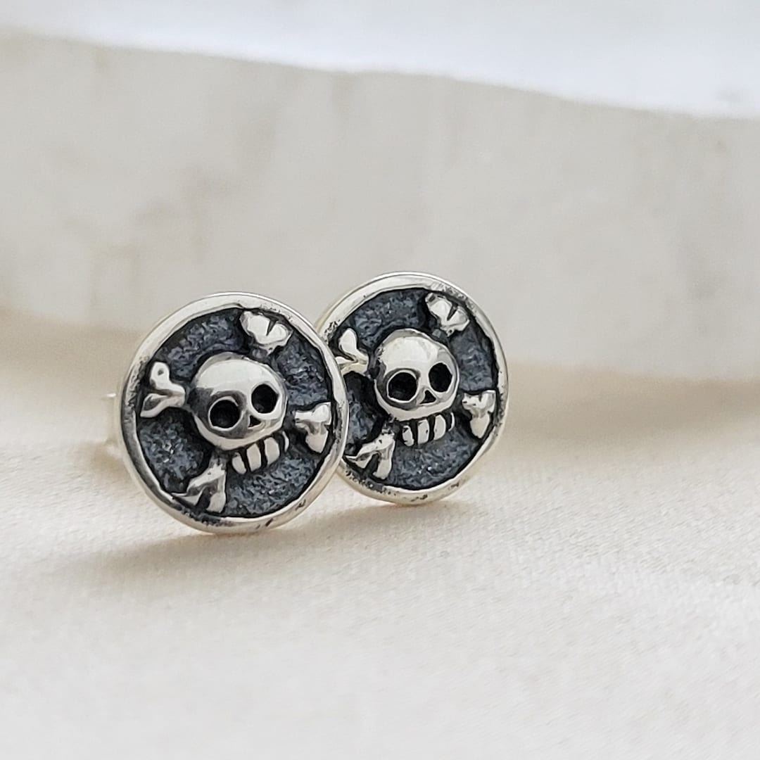 Skull & Crossbones Studs • Silver Skulls • Gift for Best Friend • Punk Style • Gothic • Jolly ...