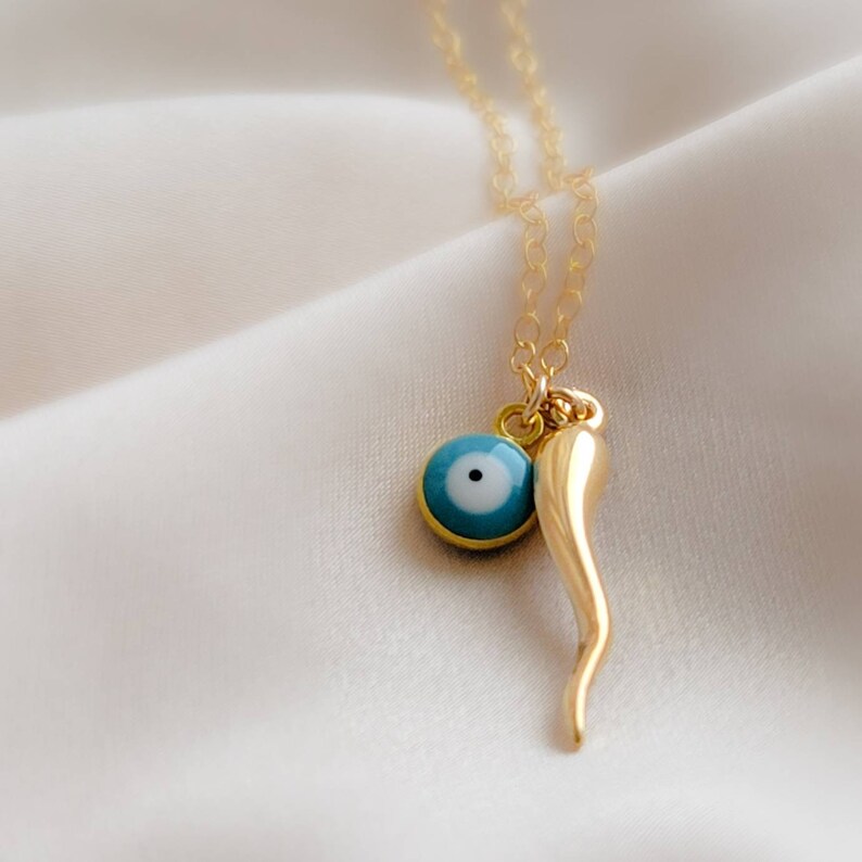 Italian Horn & Evil Eye Necklace Protection Amulets Dainty - Etsy