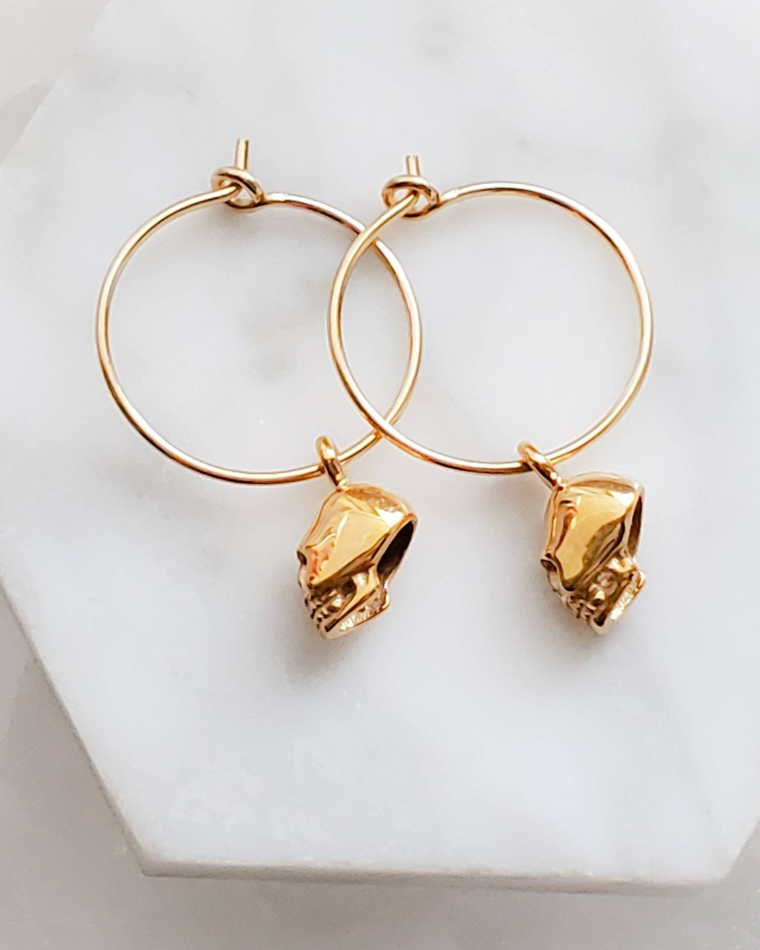 Tiny Skull Hoop Earrings Thin Gold Hoops Small Skulls | Etsy