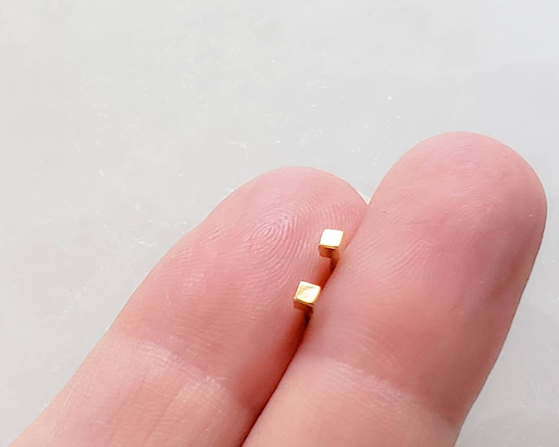 14K Gold Tiny Cube Studs Little Gold Studs Delicate Square | Etsy