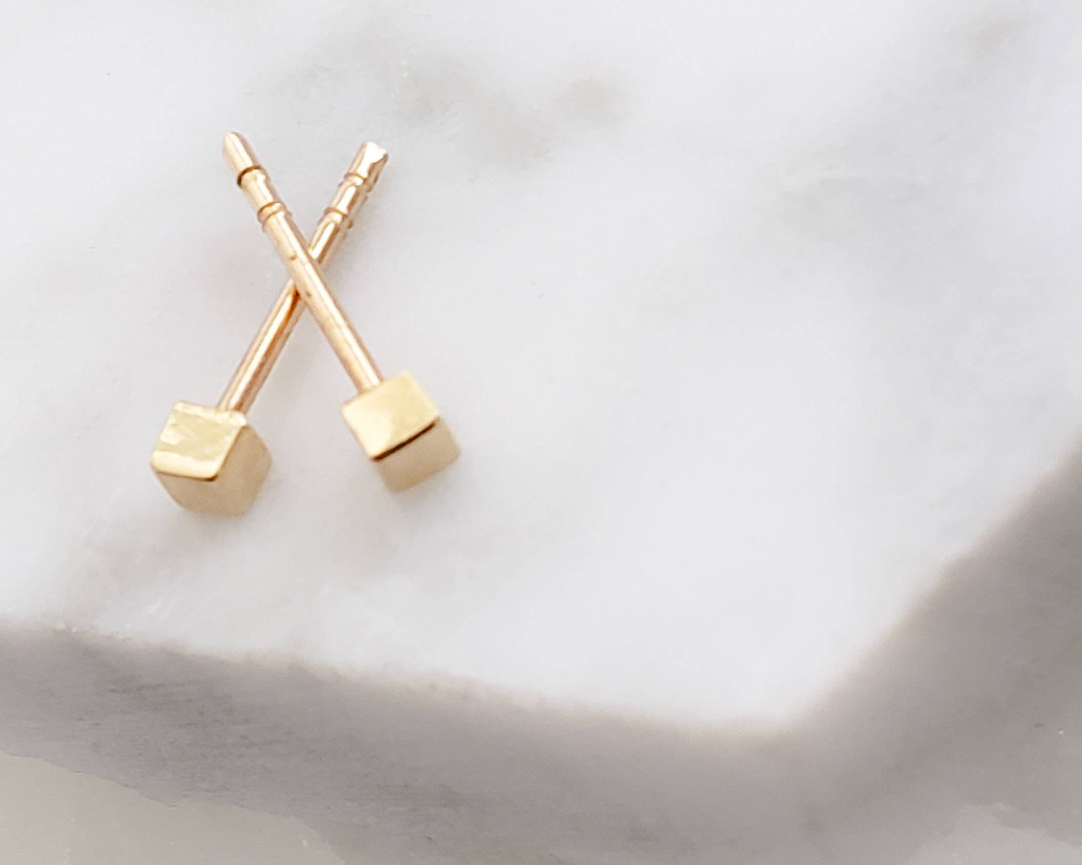 14K Gold Tiny Cube Studs Little Gold Studs Delicate Square | Etsy