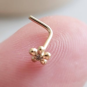 Tiny 14K Gold Flower Nose Stud With Tiny Diamond CZ Accent • Yellow ...