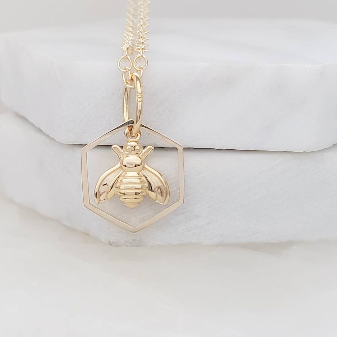 14k Gold Honeybee Necklace Honeybee Charm Honeycomb | Etsy