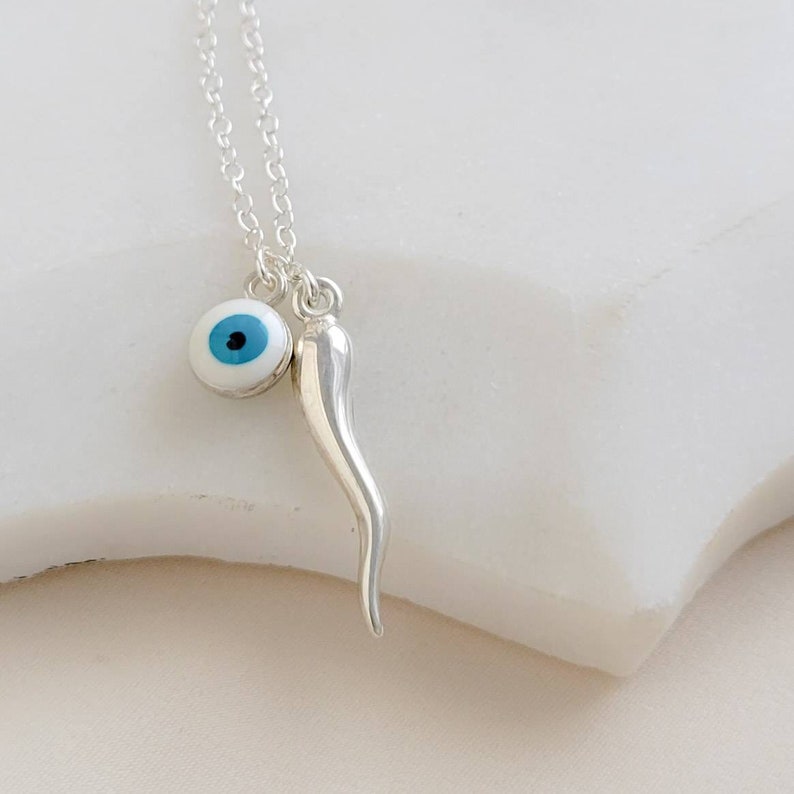 Italian Horn & Evil Eye Necklace Protection Amulets Dainty - Etsy