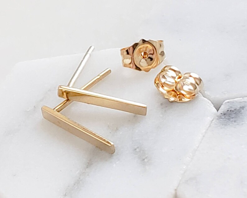 14K Gold Tiny Bar Studs Little Gold Studs Delicate Bar - Etsy