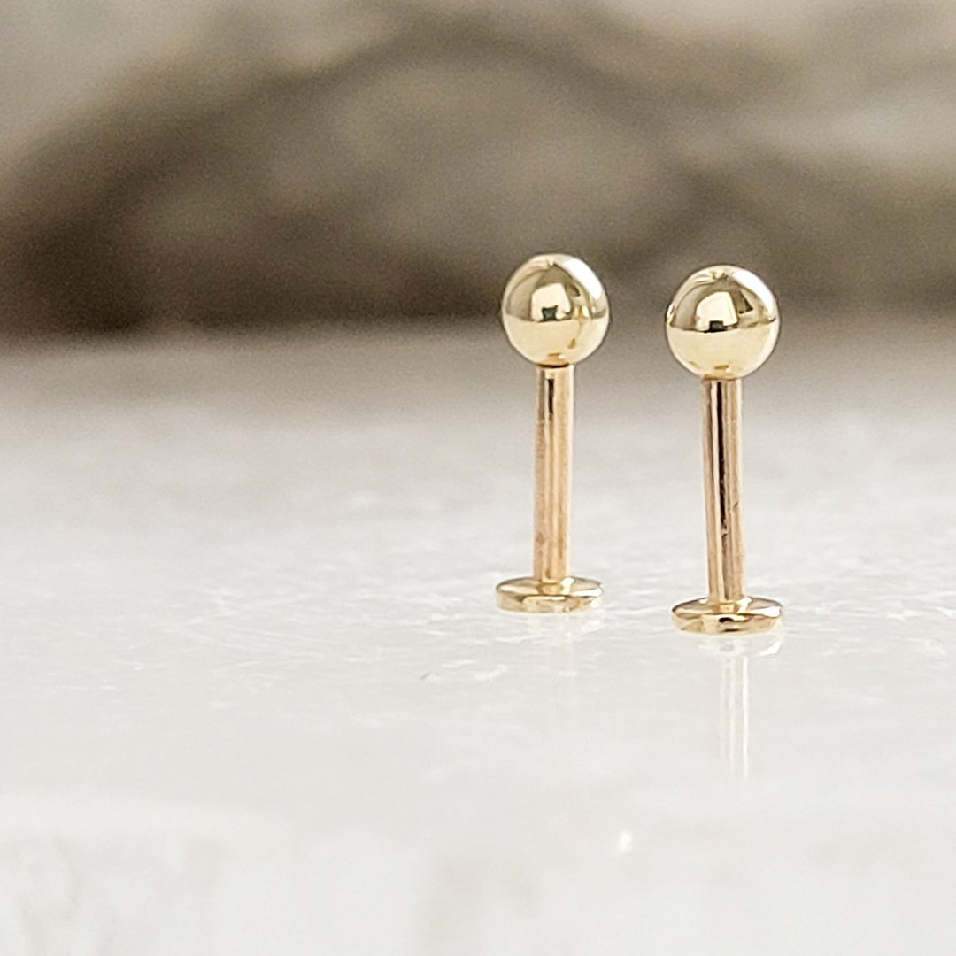 Dainty 14K Gold Nap Studs • Solid Gold Ball Stud Earrings • Modern Flat ...
