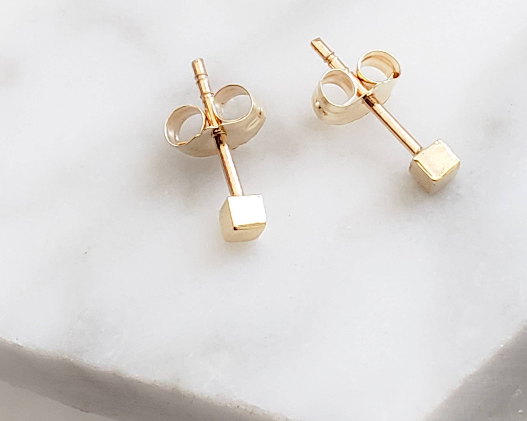 14K Gold Tiny Cube Studs Little Gold Studs Delicate Square | Etsy