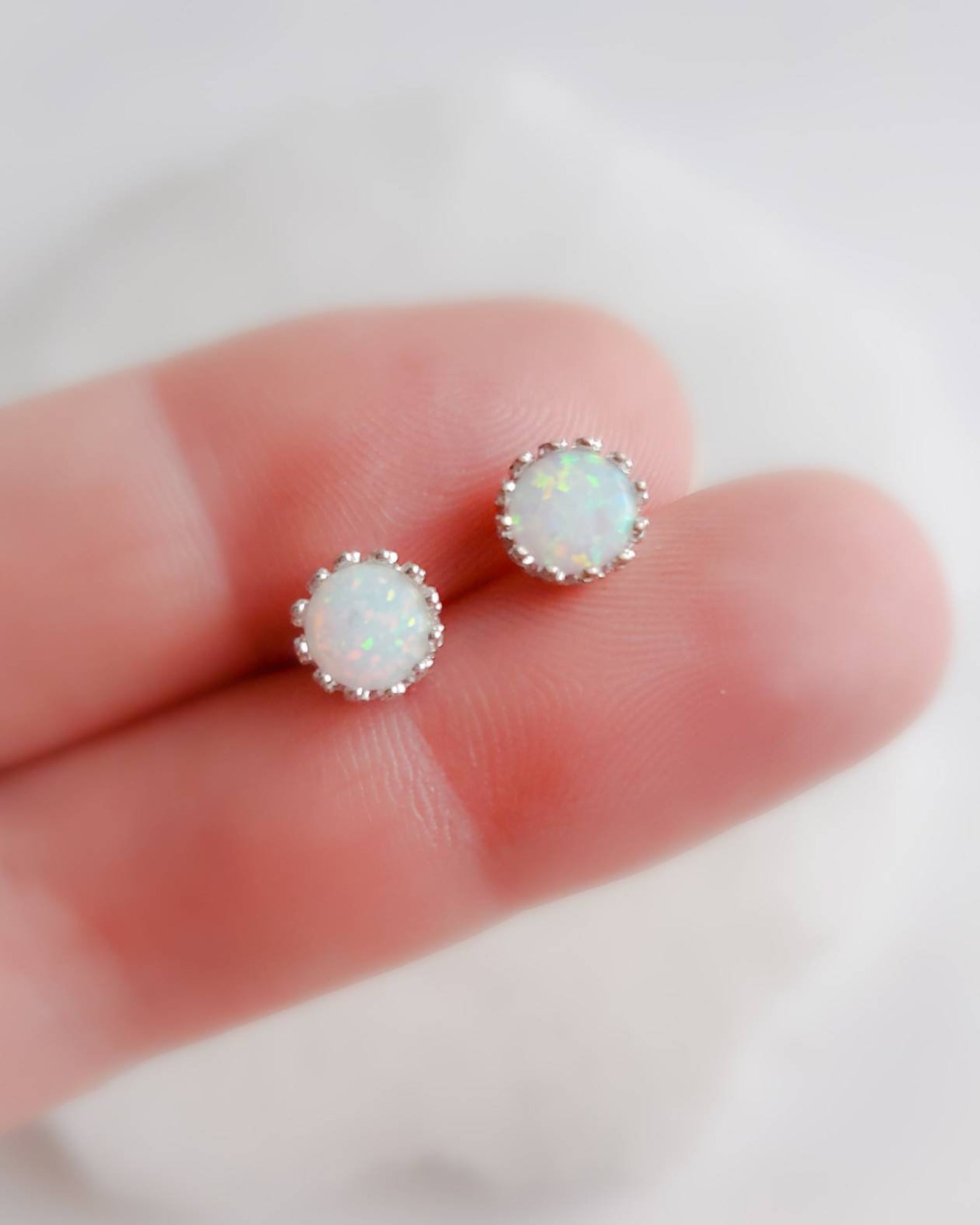 Fancy Opal Studs Round Opal Earrings Decorative Bezel | Etsy