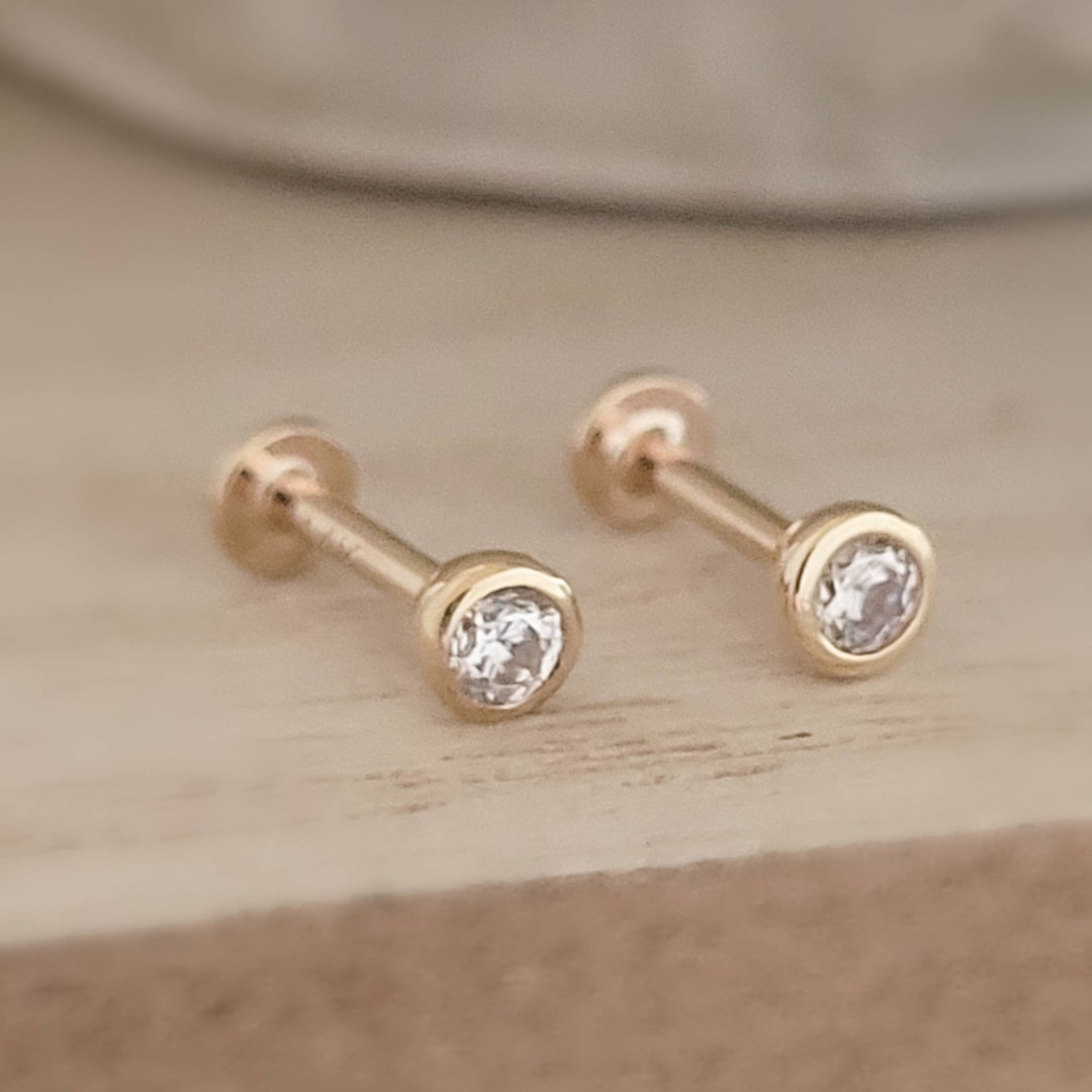 14k Gold and CZ Diamond Flat Back Studs • Bezel Set • 16 Gauge Push in ...