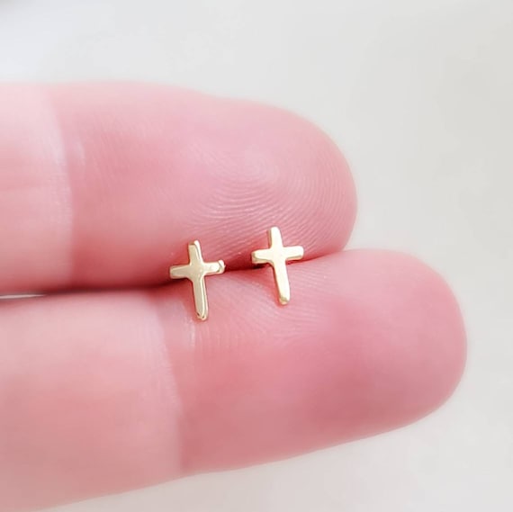 14k Gold Tiny Cross Earrings Gold Cross Studs Small Stud Earrings Baptism Gift Tiny 14 Karat Studs Gift For Her Religious Gift Etsy