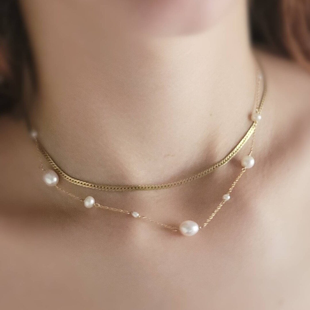 Dainty Pearl Station Necklace Mixed Pearls on A Delicate Chain White ...