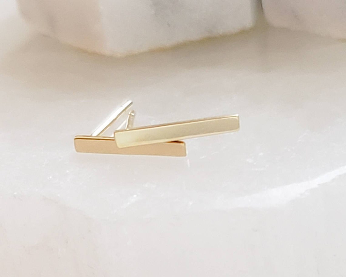 14K Gold Tiny Bar Studs Little Gold Studs Delicate Bar | Etsy