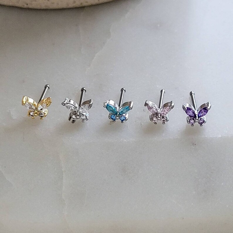 Butterfly Nose Bone • Diamond CZ Nose Stud • Purple Butterfly • Dainty ...