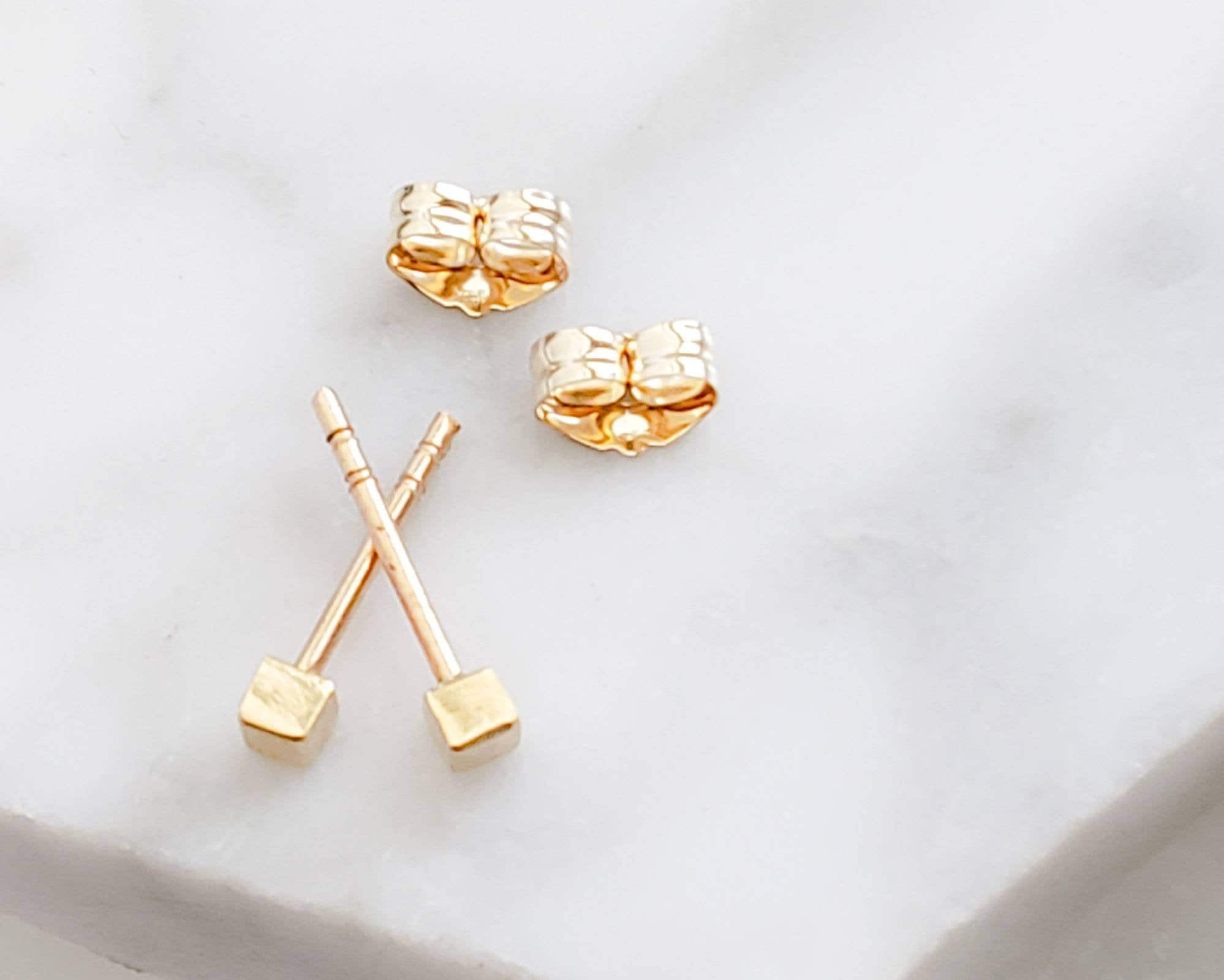 14K Gold Tiny Cube Studs Little Gold Studs Delicate Square | Etsy