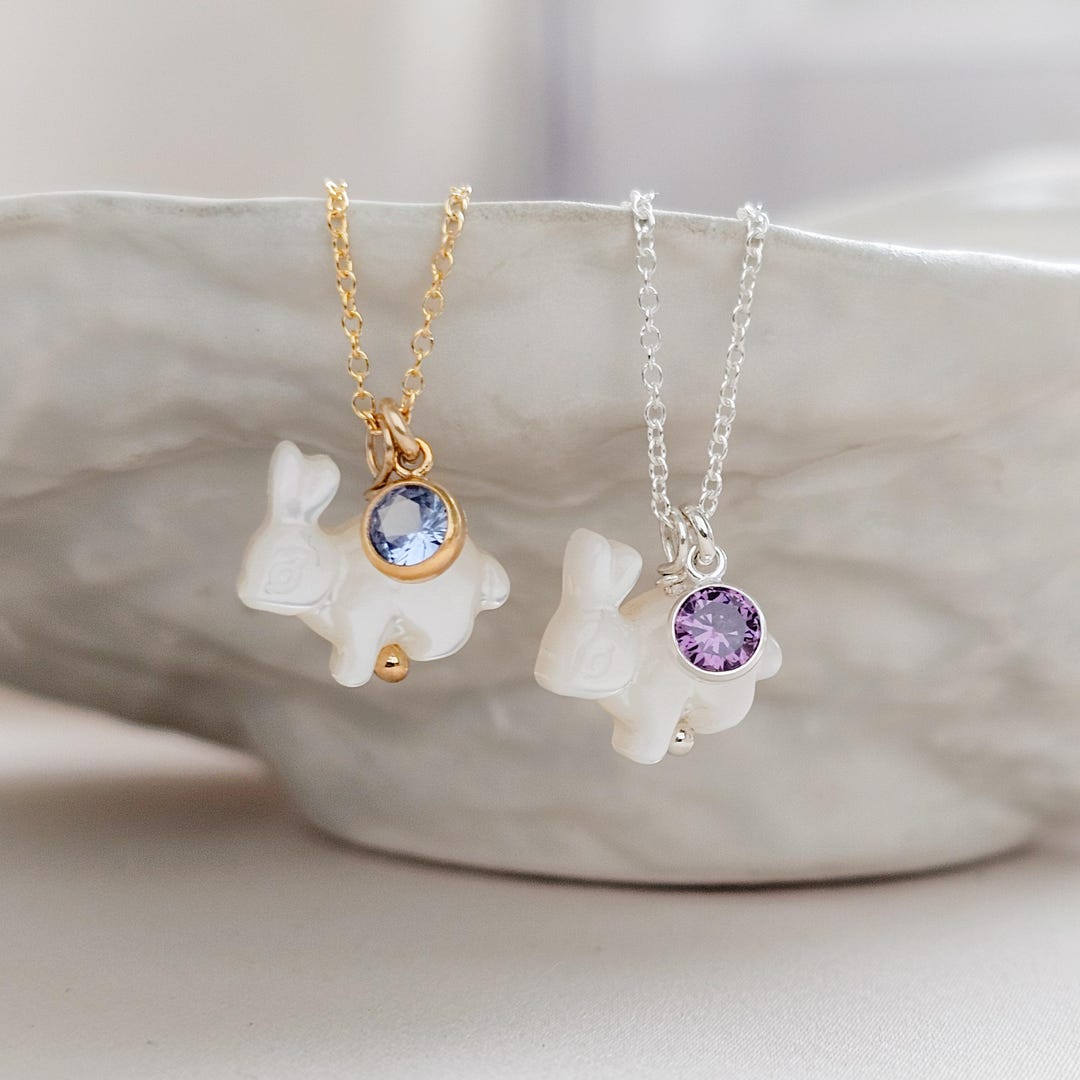 White Rabbit & Birthstone Necklace • Mother of Pearl Bunny • Good Luck ...