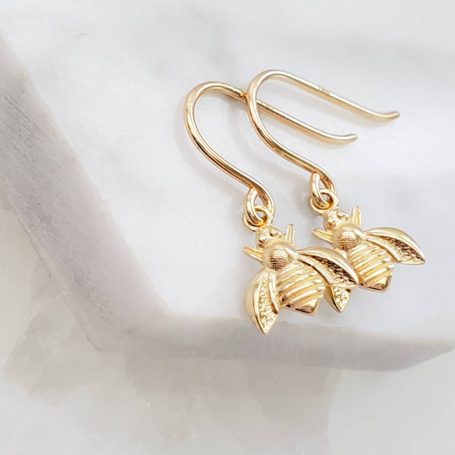 14k Gold Bee Earrings Dainty Bee Earrings Bumble Bee Drops | Etsy