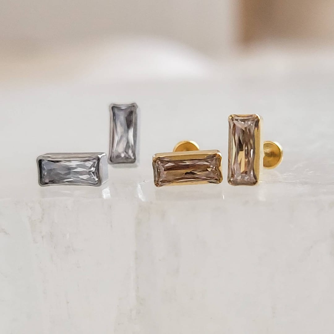 Modern Baguette Studs • Flat Back Comfort Fit • Clear CZ • Cartilage ...
