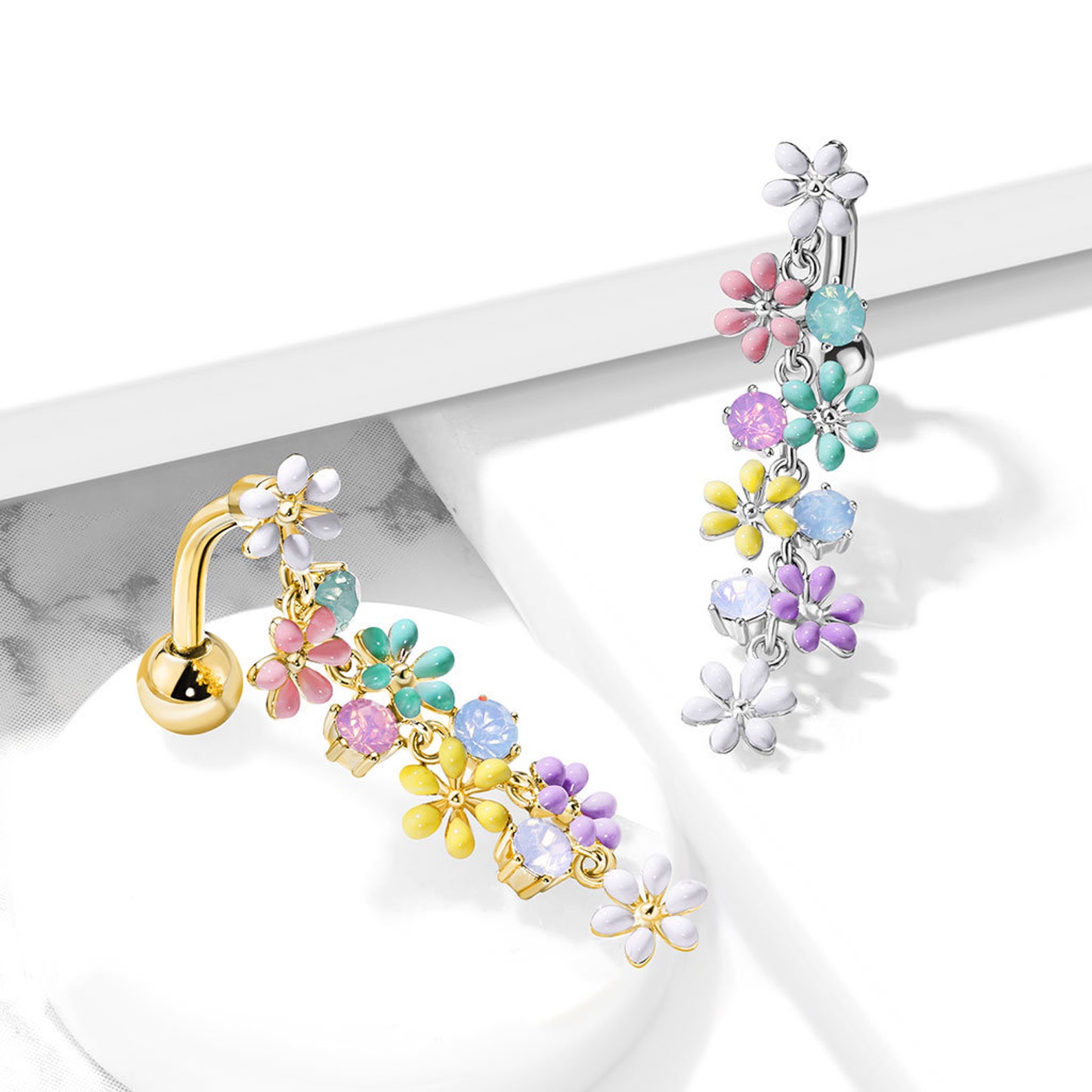 Floral Belly Button Piercing 14 Gauge Enameled Flowers & - Etsy